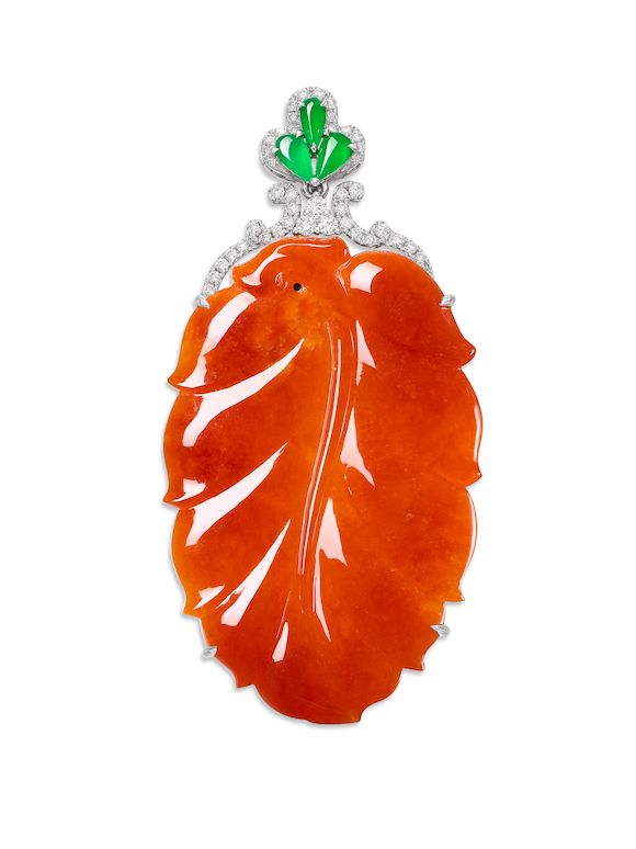 Bonhams : RED JADEITE, JADEITE AND DIAMOND 'LEAF' PENDANT