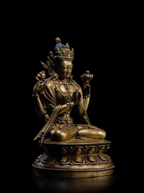 Bonhams : A BRASS FIGURE OF SHADAKSHARI LOKESHVARA TIBET, 14TH/15TH CENTURY