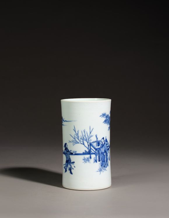 Bonhams : A BLUE AND WHITE 'FIGURAL' BRUSHPOT, BITONG Chongzhen (2)