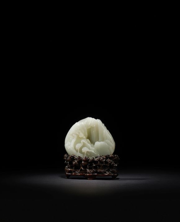 Bonhams : AN EXQUISITE SMALL WHITE JADE 'PINE AND CRANE' BOULDER ...