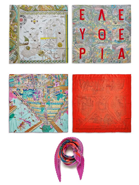 Bonhams : HERMÈS A SET OF FIVE MULTI COLOUR PLISSE SILK SCARF; LE ...