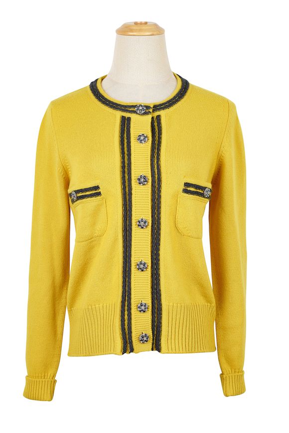 Bonhams : CHANEL MUSTARD YELLOW CASHMERE 2 POCKETS CARDIGAN WITH CC ...