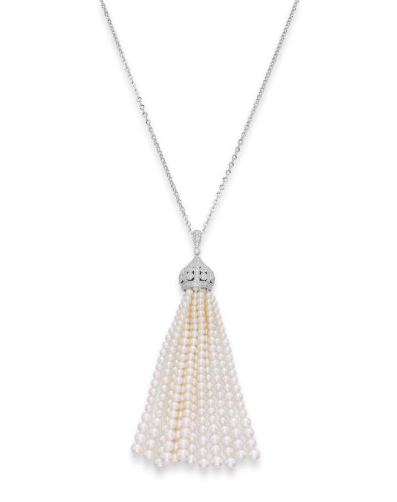 Bonhams Cultured Pearl And Diamond Tassel Pendant Necklace