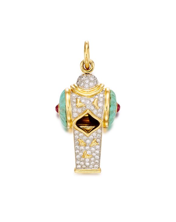 Bonhams : TURQUOISE, RUBY AND DIAMOND 'WHISTLE' PENDANT