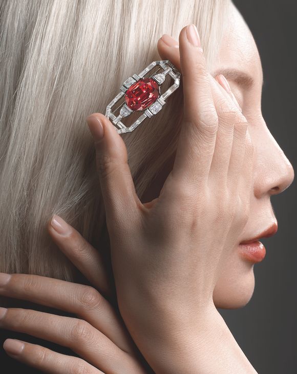 Bonhams : FINE RED SPINEL AND DIAMOND BROOCH