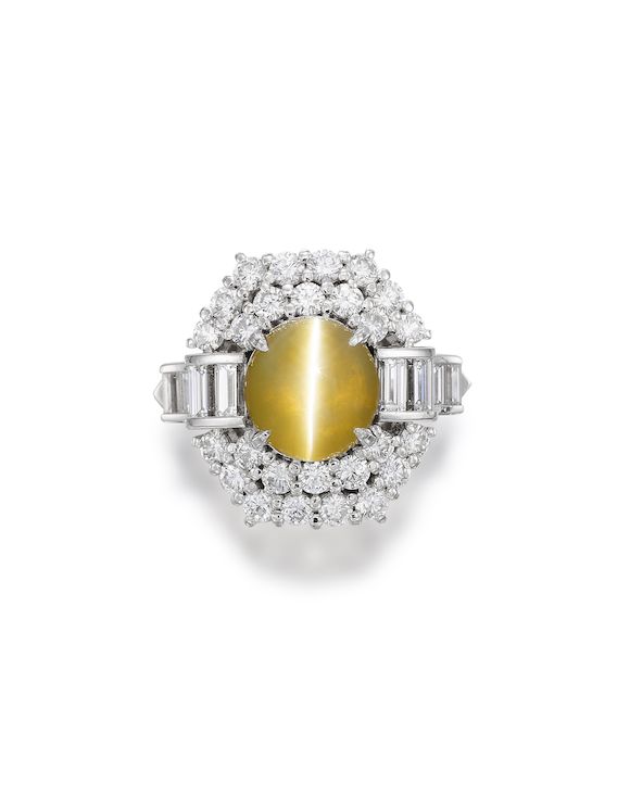 Bonhams : CAT'S EYE CHRYSOBERYL AND DIAMOND RING