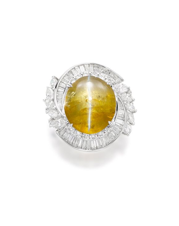 Bonhams : CAT'S EYE CHRYSOBERYL AND DIAMOND RING