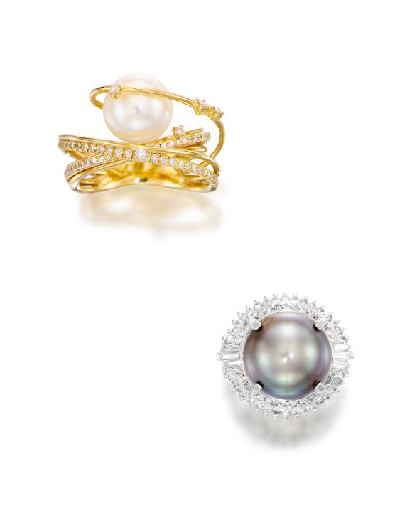 Bonhams : GREY CULTURED PEARL AND DIAMOND RING, AND CULTURED PEARL AND ...