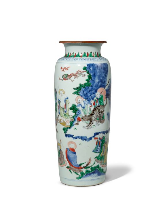 Bonhams : AN EXCEPTIONAL WUCAI 'EIGHTEEN LUOHANS' 'ELEPHANT-LEG' VASE ...
