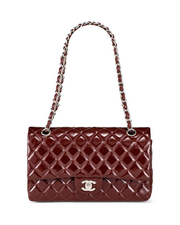 Bonhams : CHANEL: WINE RED QUILTED PATENT DOUBLE FLAP BAG WITH SILVER ...
