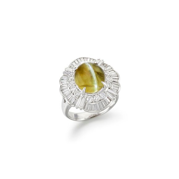 Bonhams : CAT'S EYE CHRYSOBERYL AND DIAMOND RING