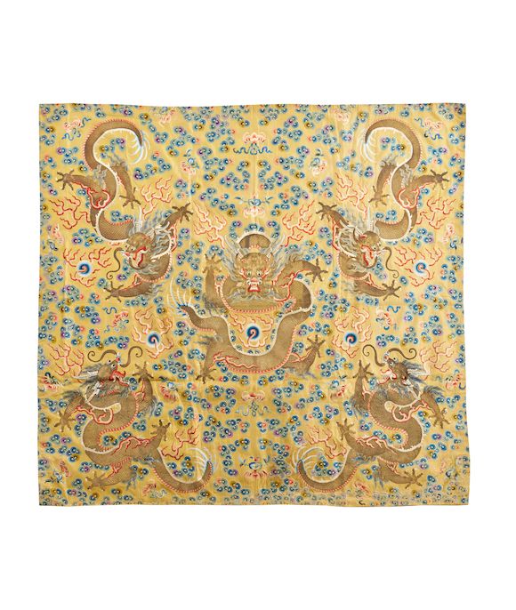 Bonhams : An Imperial yellow-ground satin embroidered 'dragon' cushion ...