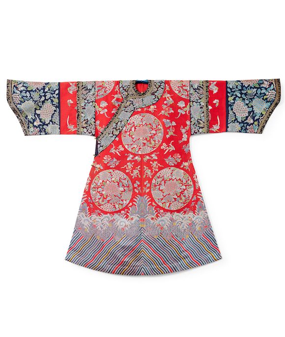 Bonhams : A red-ground gauze informal robe with punch needle embroidery ...