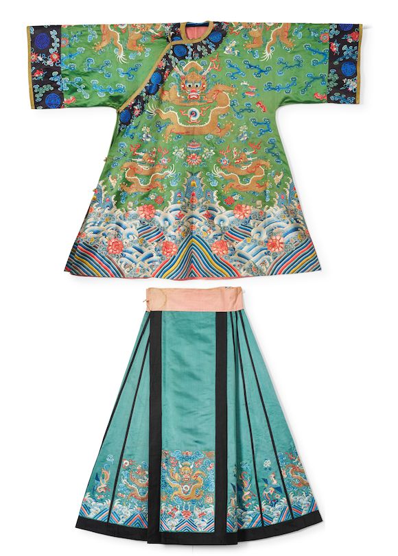 Bonhams : A green-ground embroidered and padded dragon robe and a sea ...