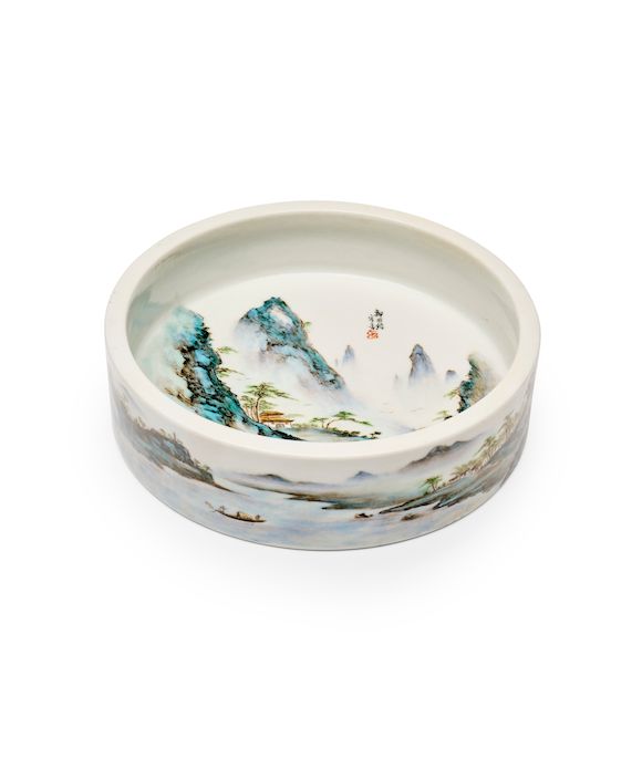 Bonhams : A famille rose 'landscape' washer Painted and inscribed by ...