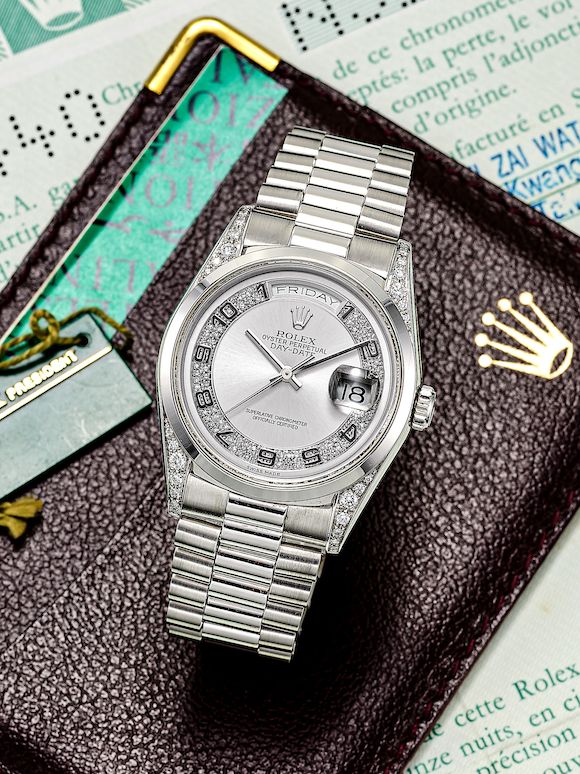Bonhams : ROLEX | DAY-DATE, REF.18296, A PLATINUM AND DIAMOND-SET ...