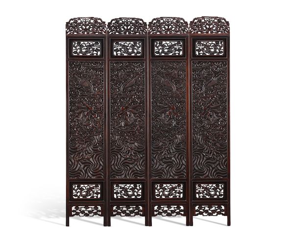Bonhams : A SET OF FOUR CARVED HARDWOOD 'DRAGON' PANELS Qing Dynasty ...