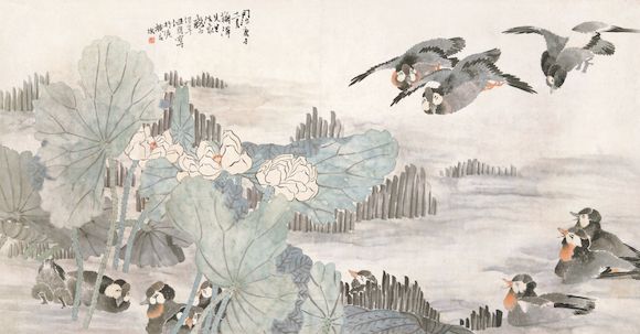 Bonhams : REN BONIAN (1840-1896) Mandarin Duck in Lotus Pond, 1870
