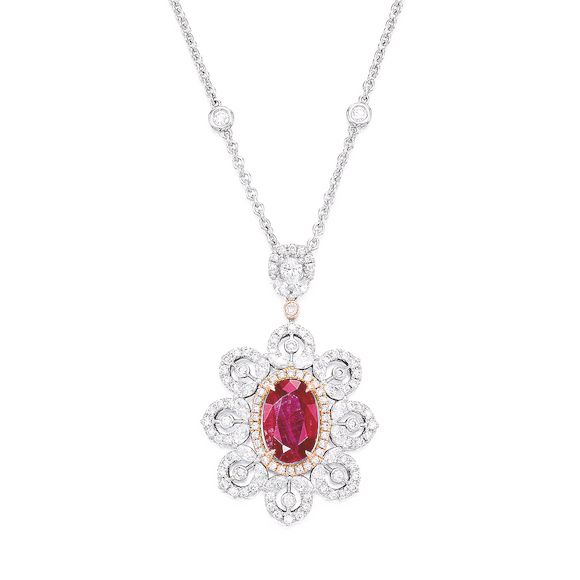 Bonhams : RUBY, COLOURED DIAMOND AND DIAMOND PENDANT NECKLACE