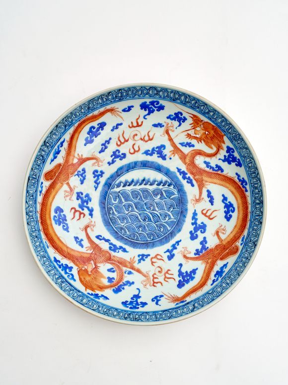 Bonhams : A blue and white and polychrome 'dragon' charger Qianlong six ...