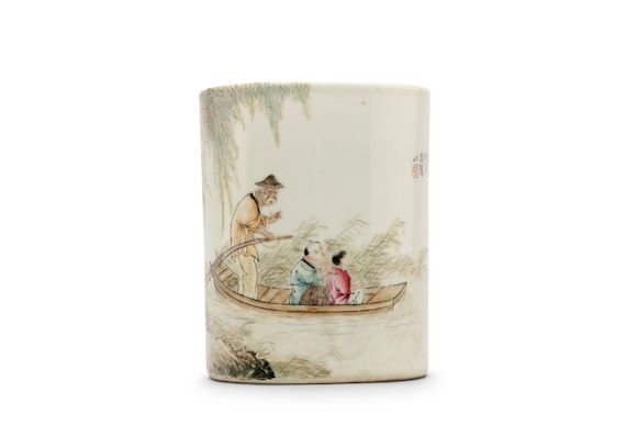 Bonhams : A famille-rose 'fishing' brush pot Attributed to Liu Xiren ...