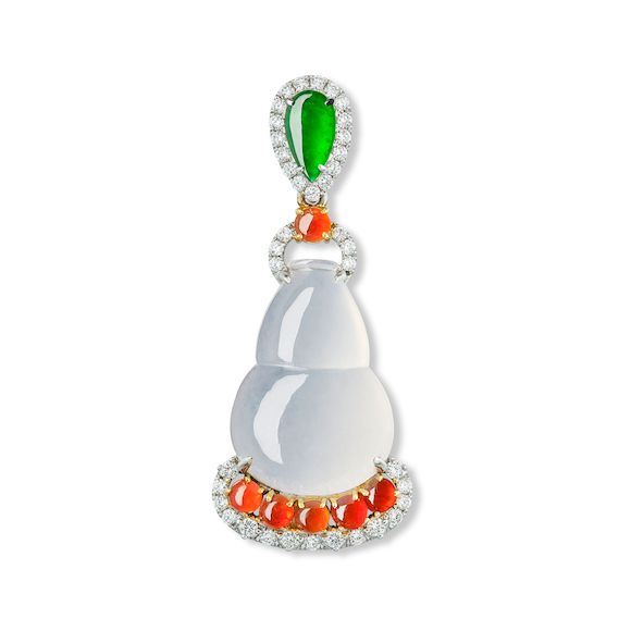 Bonhams : ICY JADEITE, COLOURED JADEITE AND DIAMOND 'GOURD' PENDANT