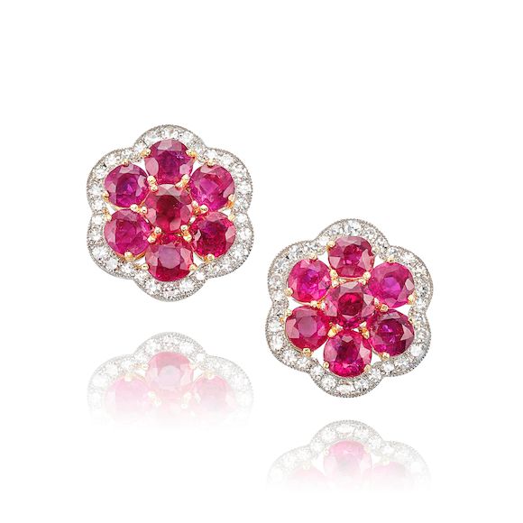 Bonhams : PAIR OF RUBY AND DIAMOND 'FLORET' EARRINGS