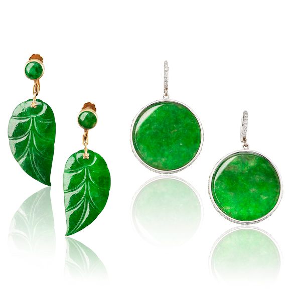 Bonhams : PAIR OF JADEITE 'LEAF' PENDENT EARRINGS, AND PAIR OF JADEITE ...