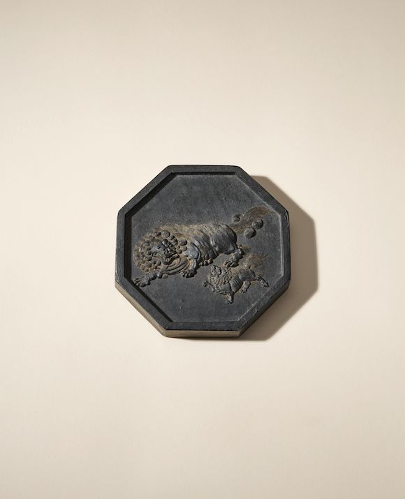 Bonhams : A RARE OCTAGONAL 'LION AND CUB' INKCAKE SIGNED CHENG JUNFANG ...