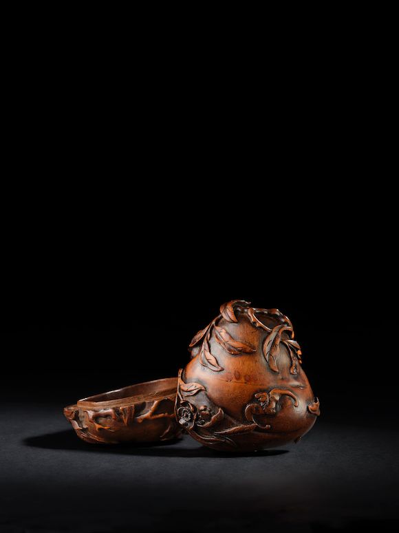 Bonhams : A BAMBOO ROOT 'PEACH AND BATS' BOX AND COVER Qing Dynasty ...