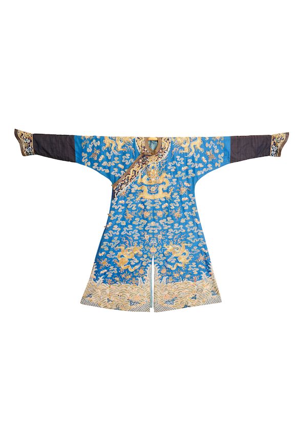 Bonhams : A blue-ground embroidered dragon robe, longpao Late Qing dynasty