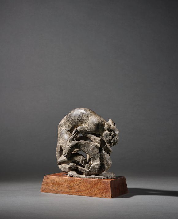 Bonhams : A VERY RARE CARVED LIMESTONE FIGURE OF A TIGER AND A DEER ...