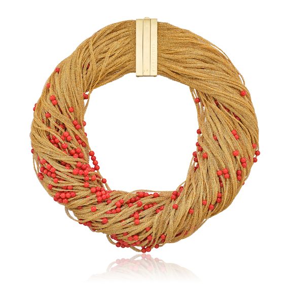 Bonhams : CALGARO: GOLD MESH AND CORAL BEAD NECKLACE