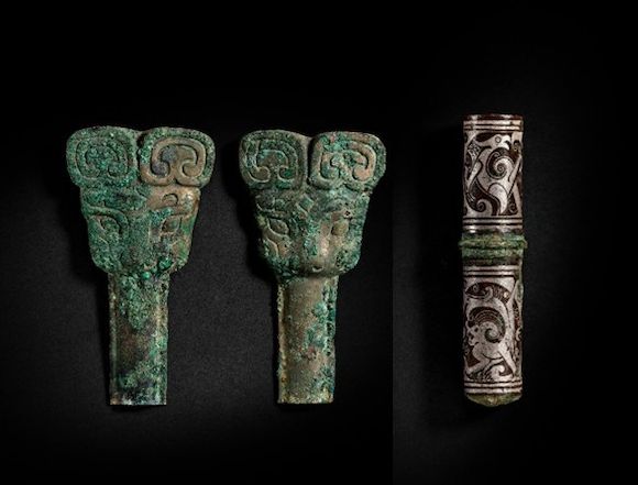 Bonhams : AN ARCHAIC SILVER-INLAID BRONZE STAFF FERRULE AND A PAIR OF ...