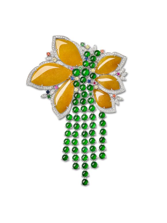 Bonhams : YELLOW JADEITE, JADEITE, GEM-SET AND DIAMOND 'FOLIATE' BROOCH ...